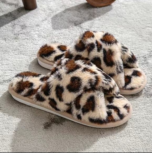 Shoes | New Fluffy Leopard Print Criss Cross Slippers | Poshmark